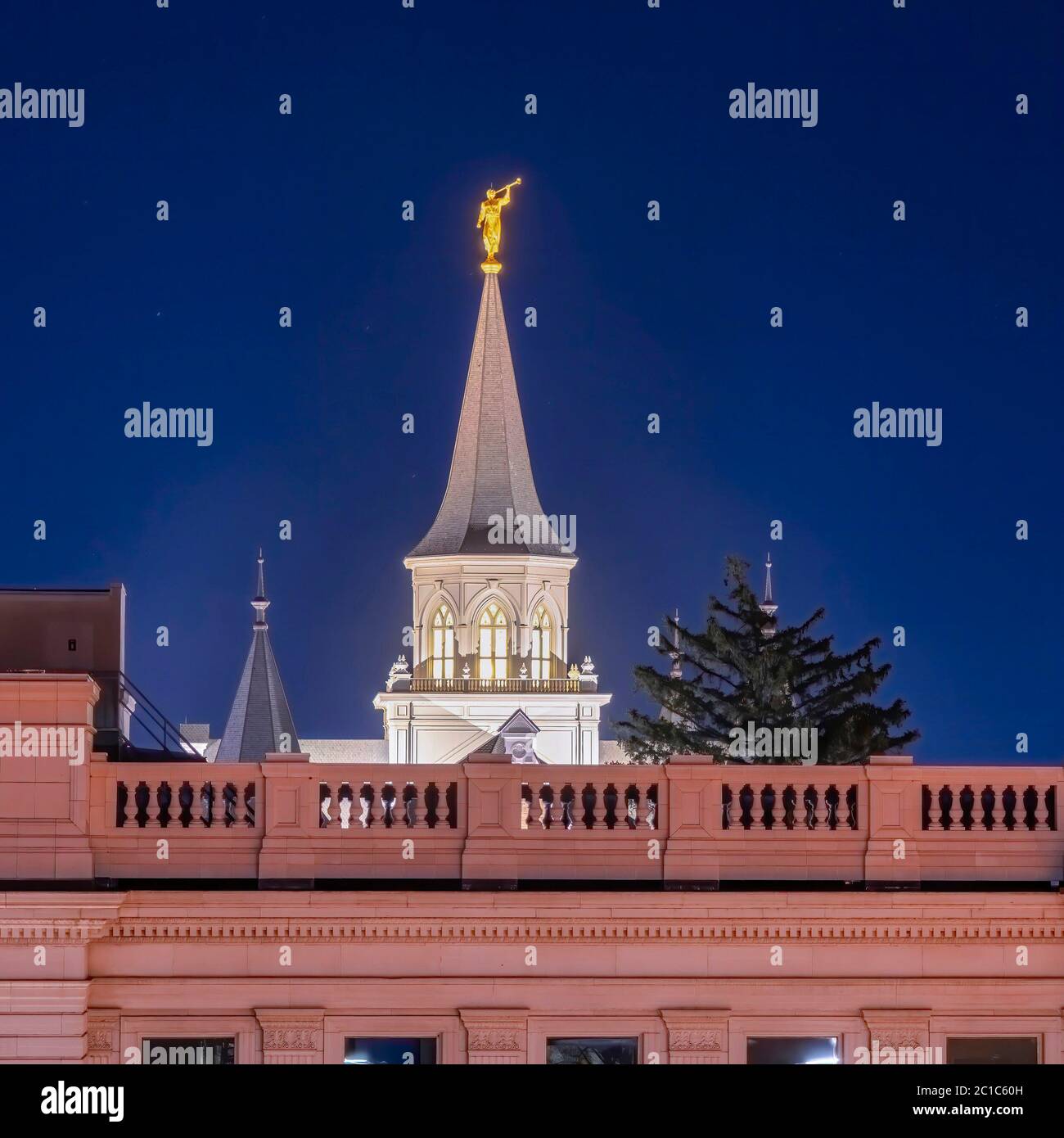 Square frame Provo City Center Temple with statue of angel and spire ...