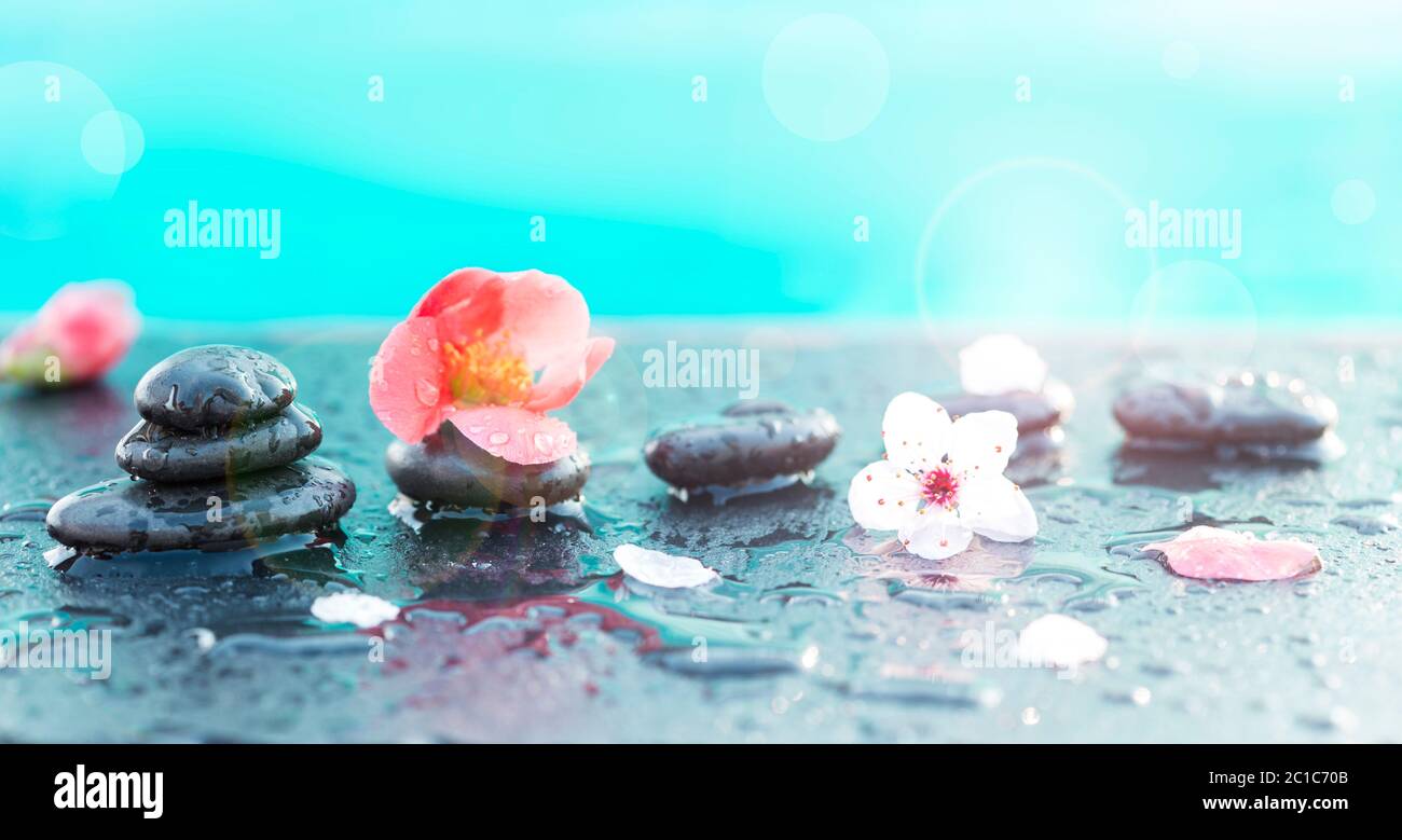 Zen arrangement with black pebbles Stock Photo - Alamy