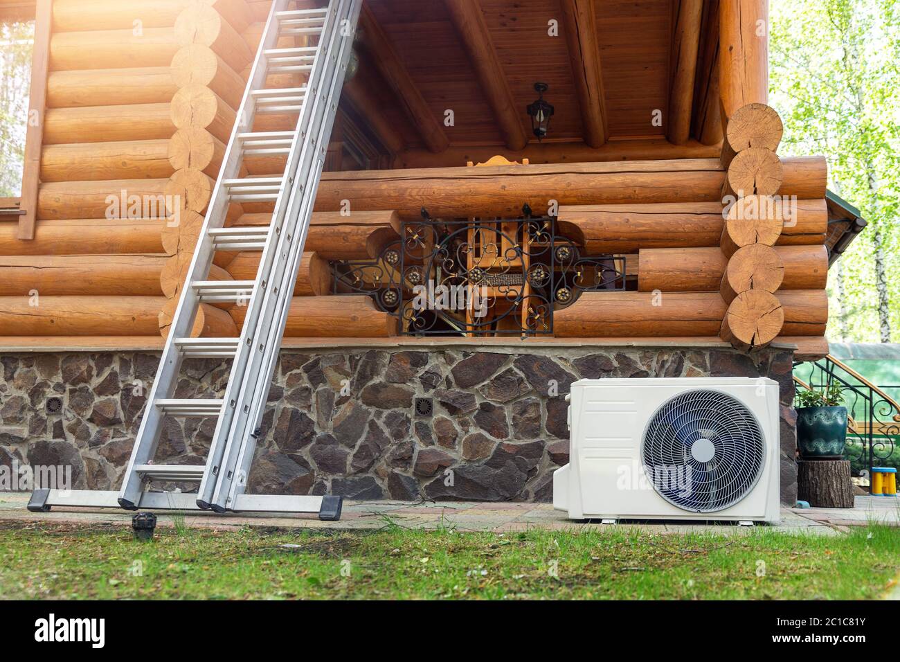 New modern HVAC air conditioning external compressor unit preapred for ...