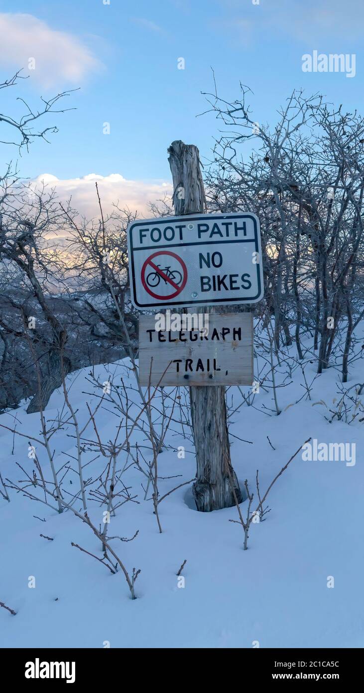 Vertical Hiking trail buried in snow during winter at the terrain of ...