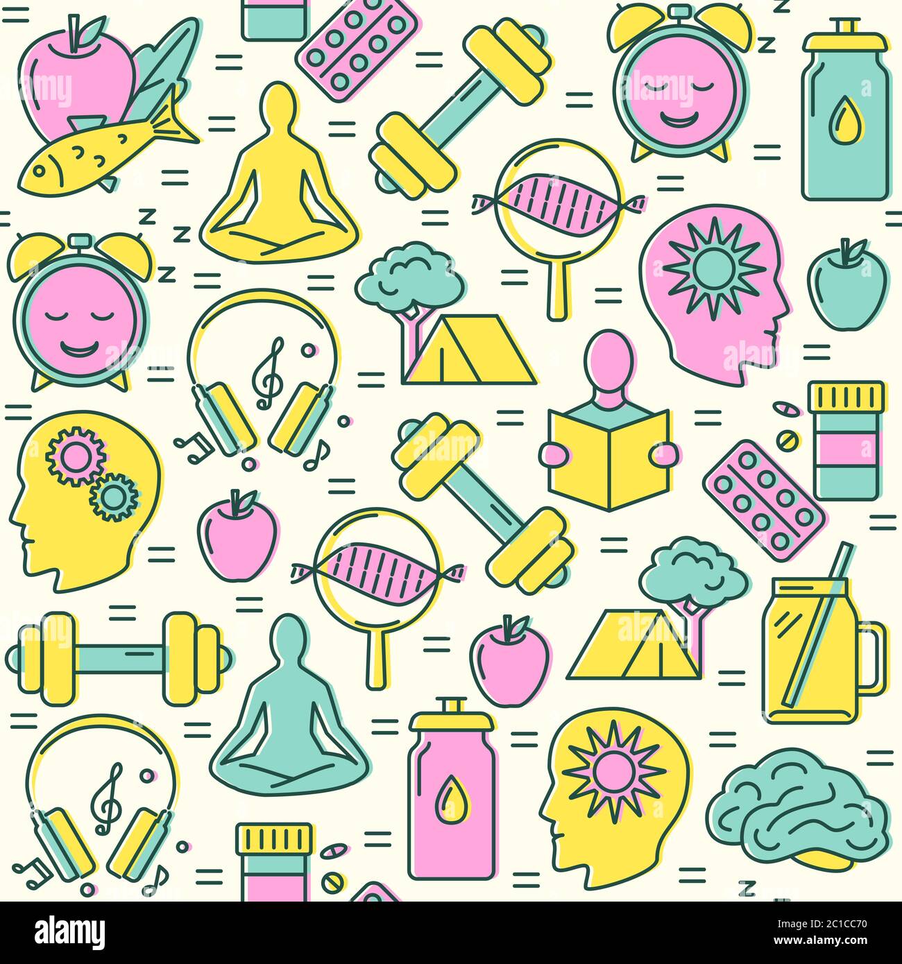 Biohacking seamless pattern in colored line style. Health improvement ...