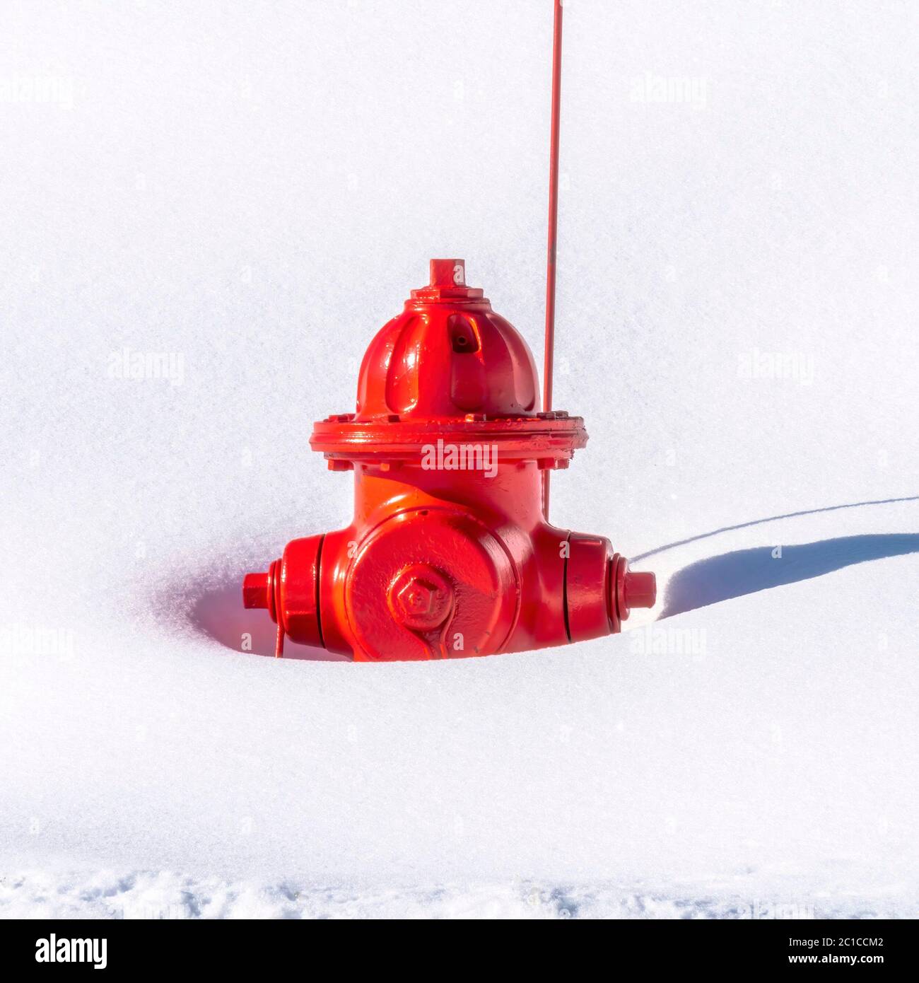 Square crop Vibrant red fire hydrant buried in snow during winter in ...