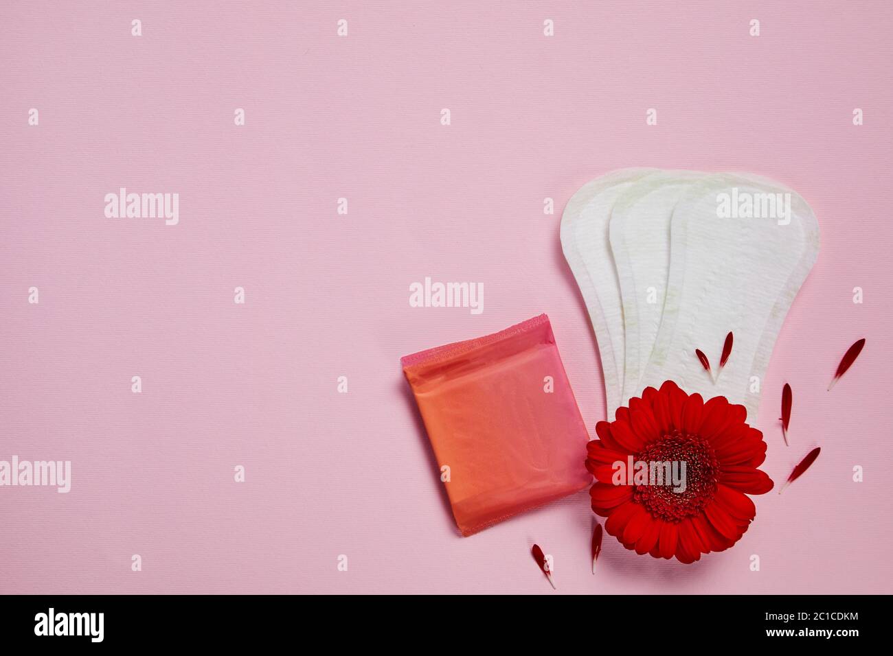 menstrual sanitary cotton pads and red flower isolated on pink ...