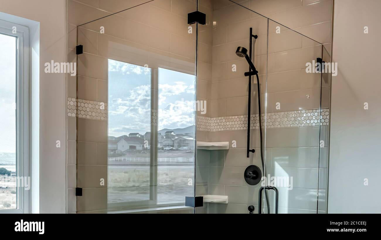 Panorama Rectangular walk in shower stall with half glass enclosure and ...