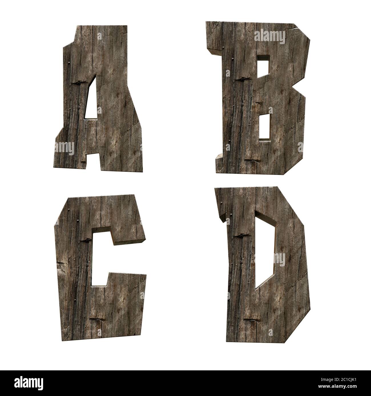 3D render of wooden rustic board alphabet - letters A-D on white ...