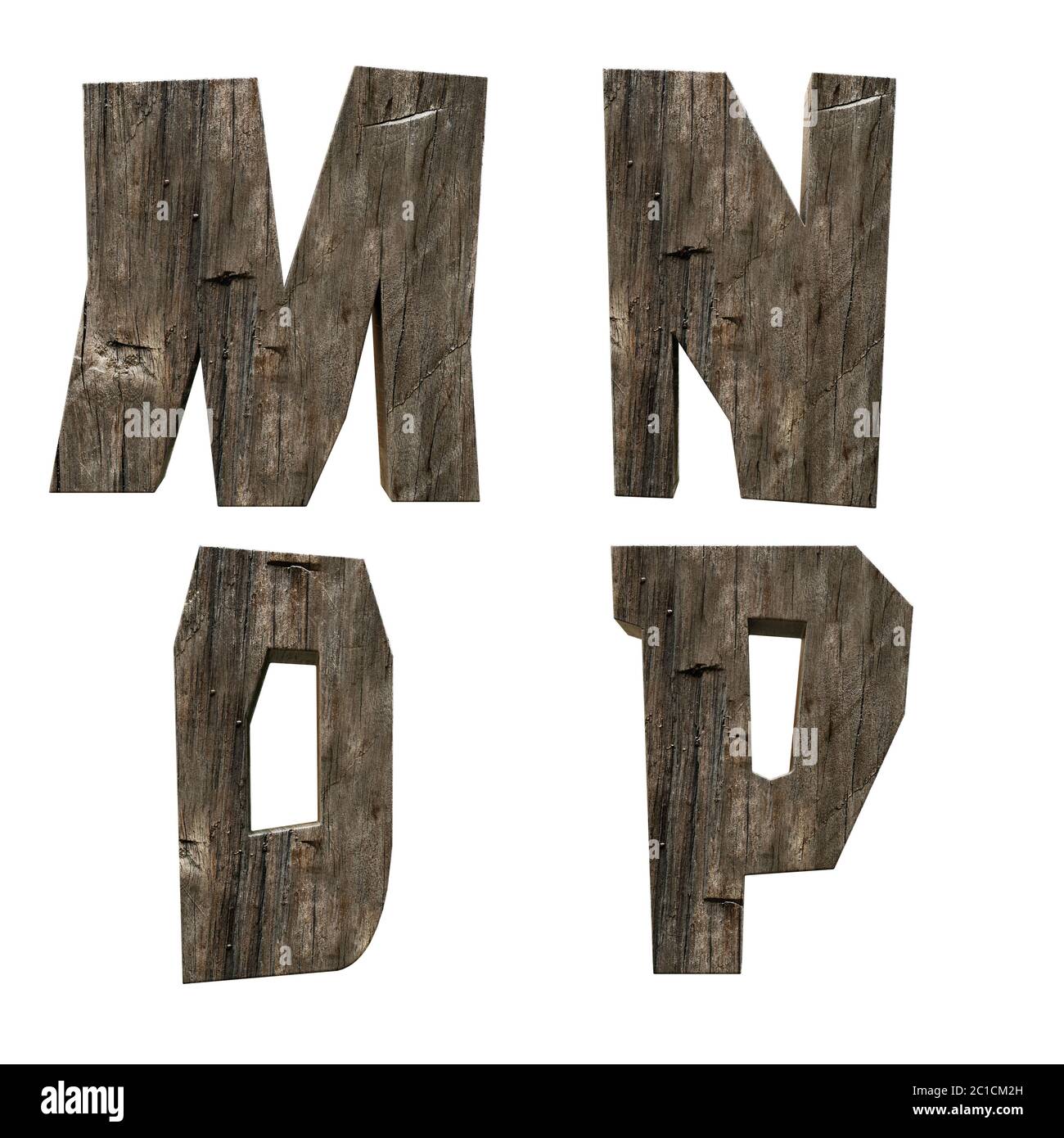 3D render of wooden rustic board alphabet - letters M-P on white ...