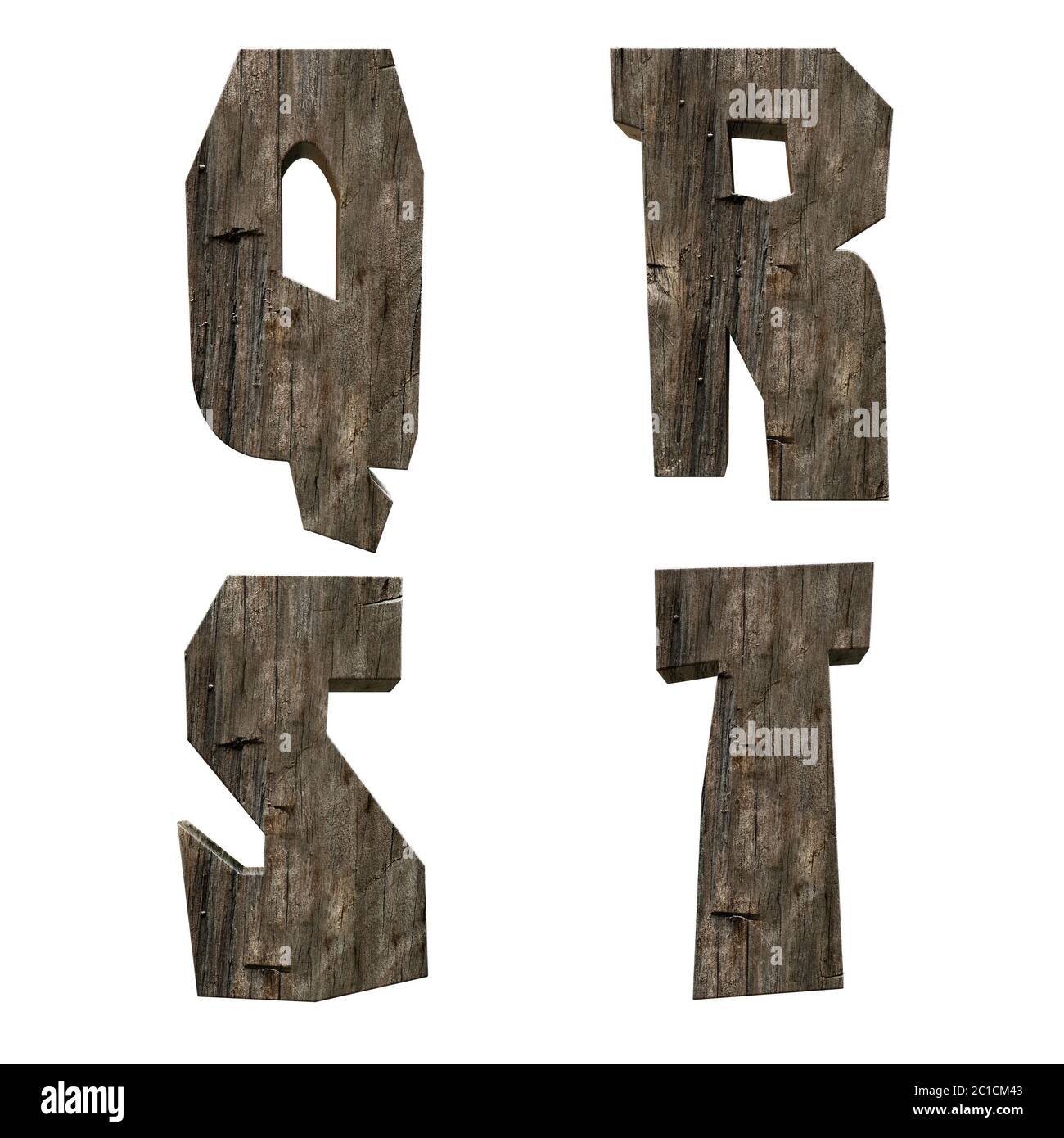 3D render of wooden rustic board alphabet - letters Q-T on white ...