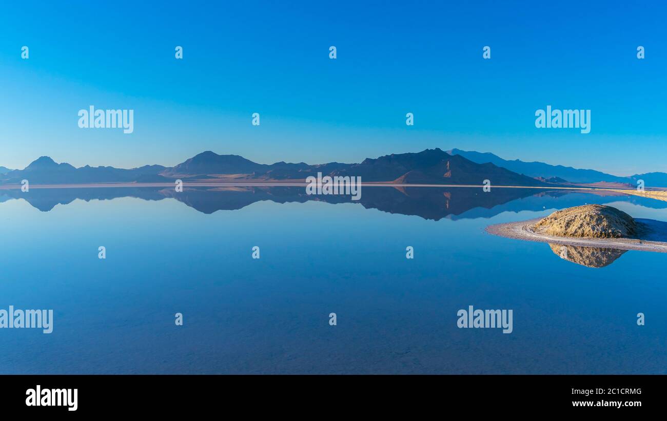 Panorama crop Blue sky reflected in Bonnievale Salt Flats, Utah Stock ...