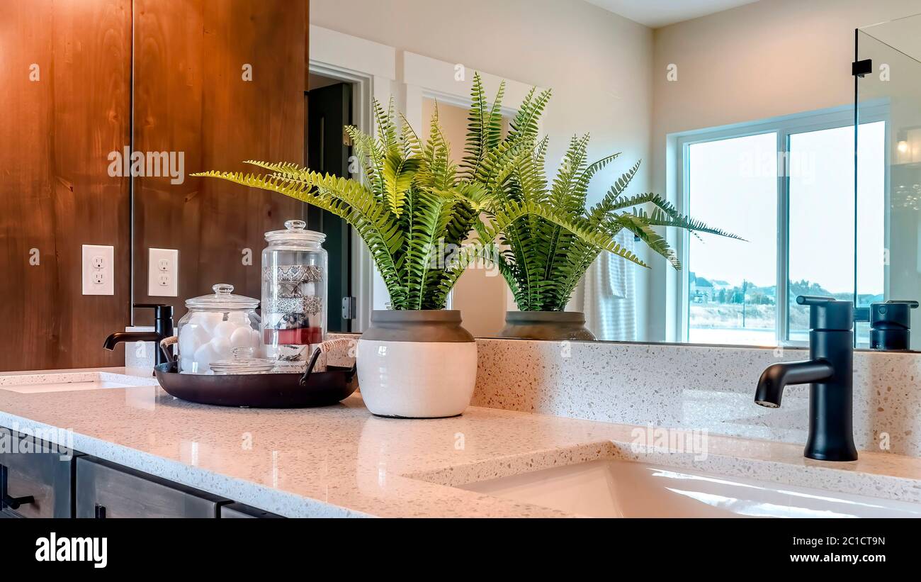 Panorama Sink and faucet of bathroom with wood cabinets and window ...