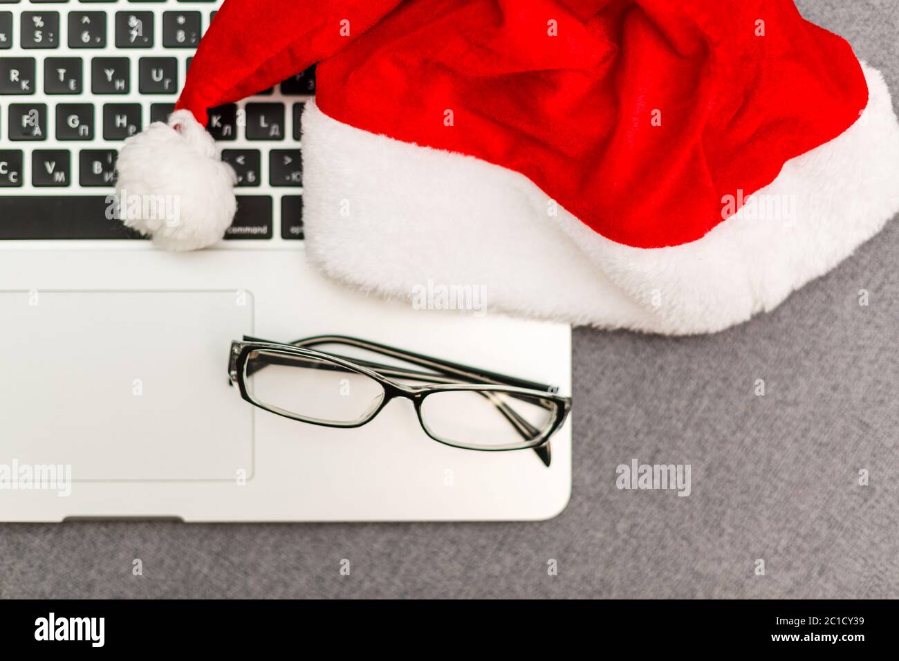 laptop keyboard. Work on the eve of the New Year. Top view, laptop ...