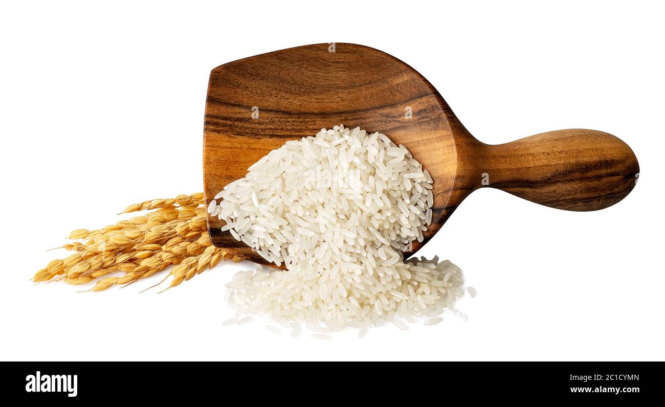 rice in wooden scoop isolated Stock Photo - Alamy