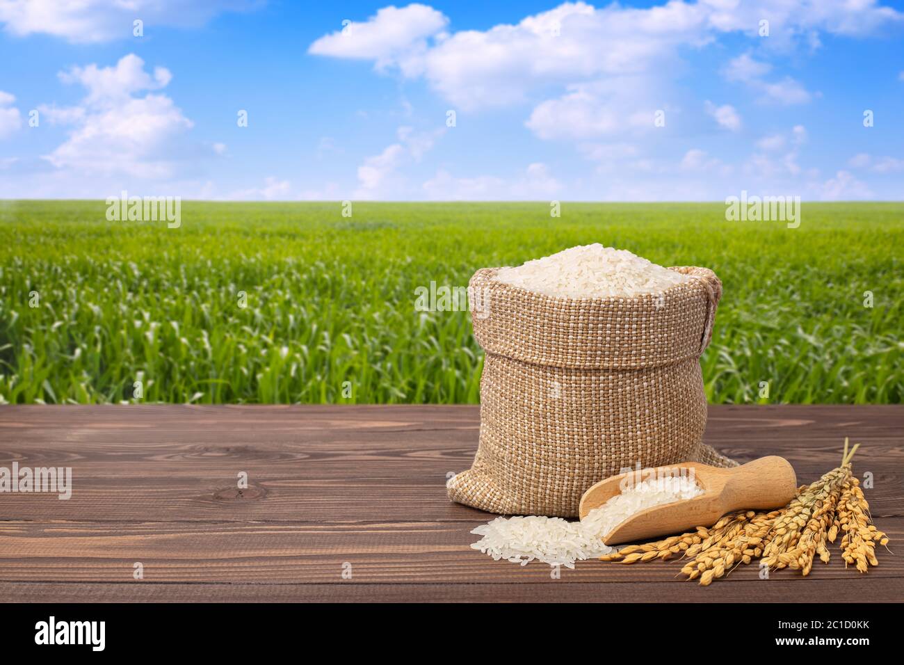 rice on table against the green field Stock Photo - Alamy