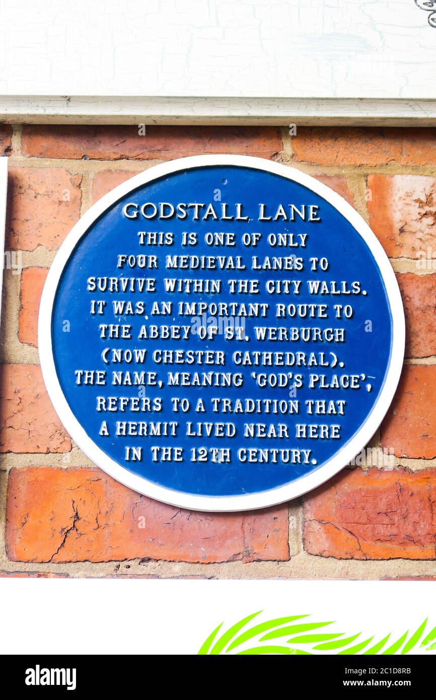 A blue plaque for Godstall Lane, Chester, UK Stock Photo - Alamy