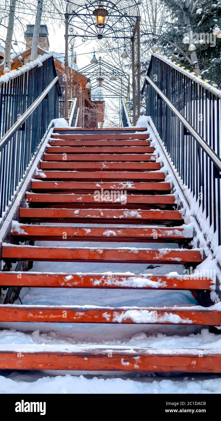 Vertical frame Stairs against snow covered slope with houses and trees ...
