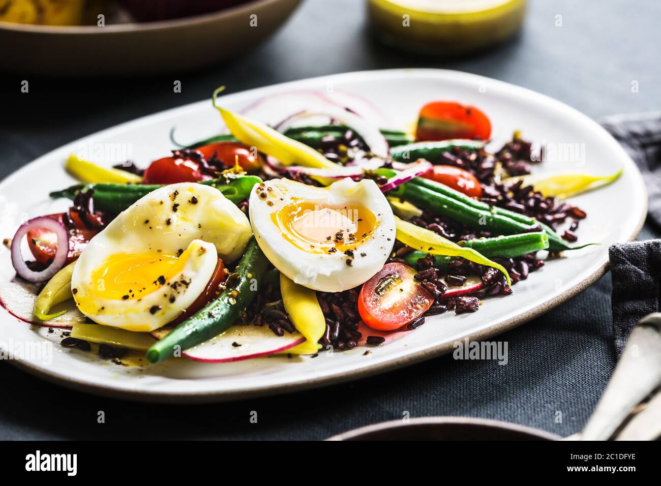 Thai Riceberry with Soft Boiled egg,green bean,Radish and Cherry Tomato ...