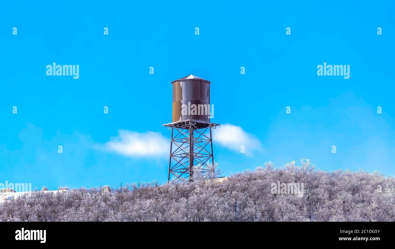 Panorama Cylindrical water storage tank container on a steel tower at ...