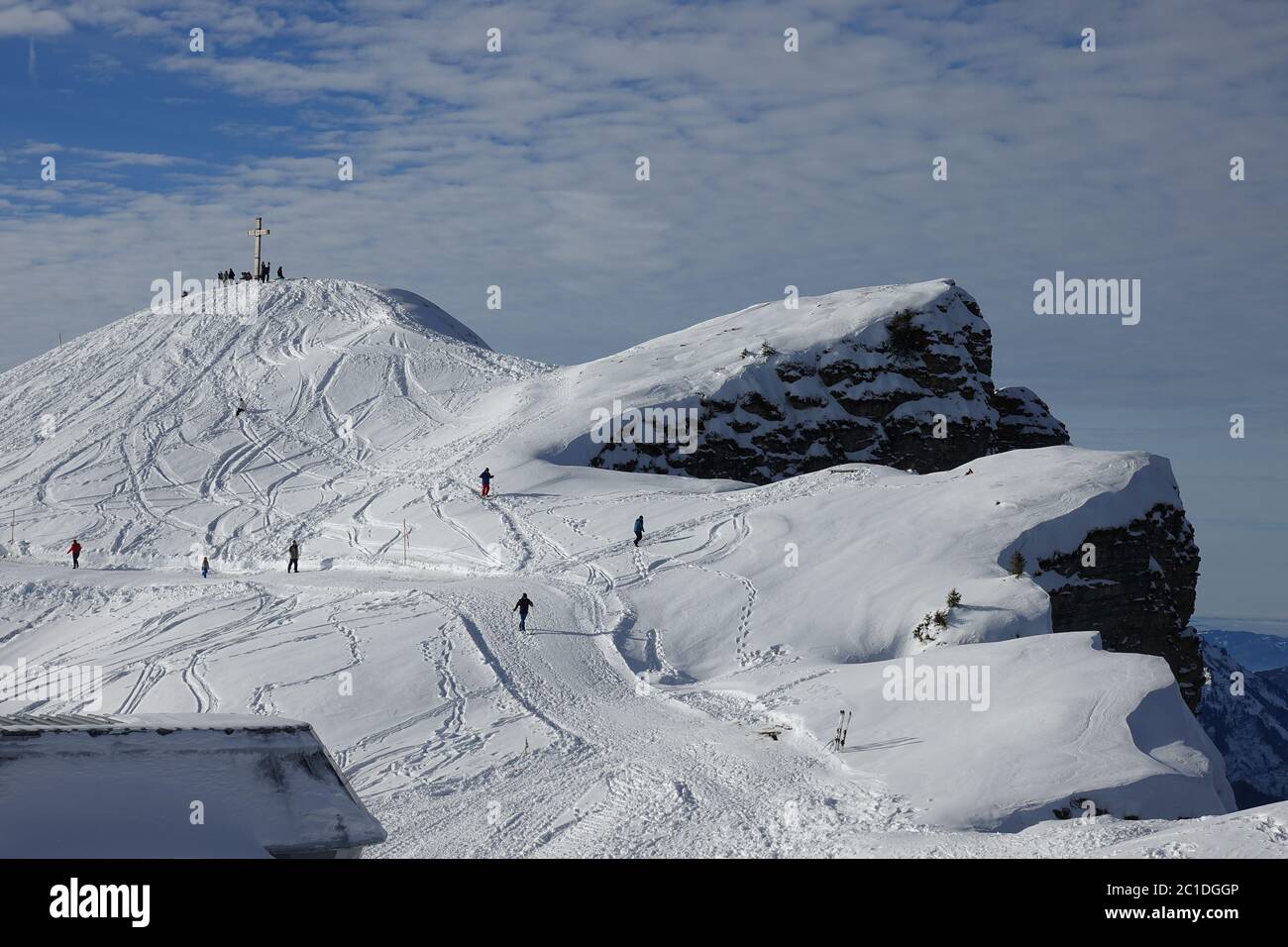 Ski slopes in the snowy mountains of the Bregenz Forest in Austria ...