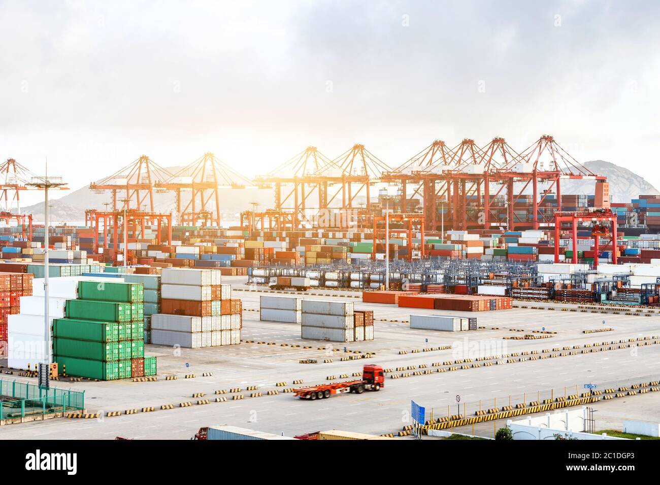 busy harbour with full loads of containers Stock Photo - Alamy