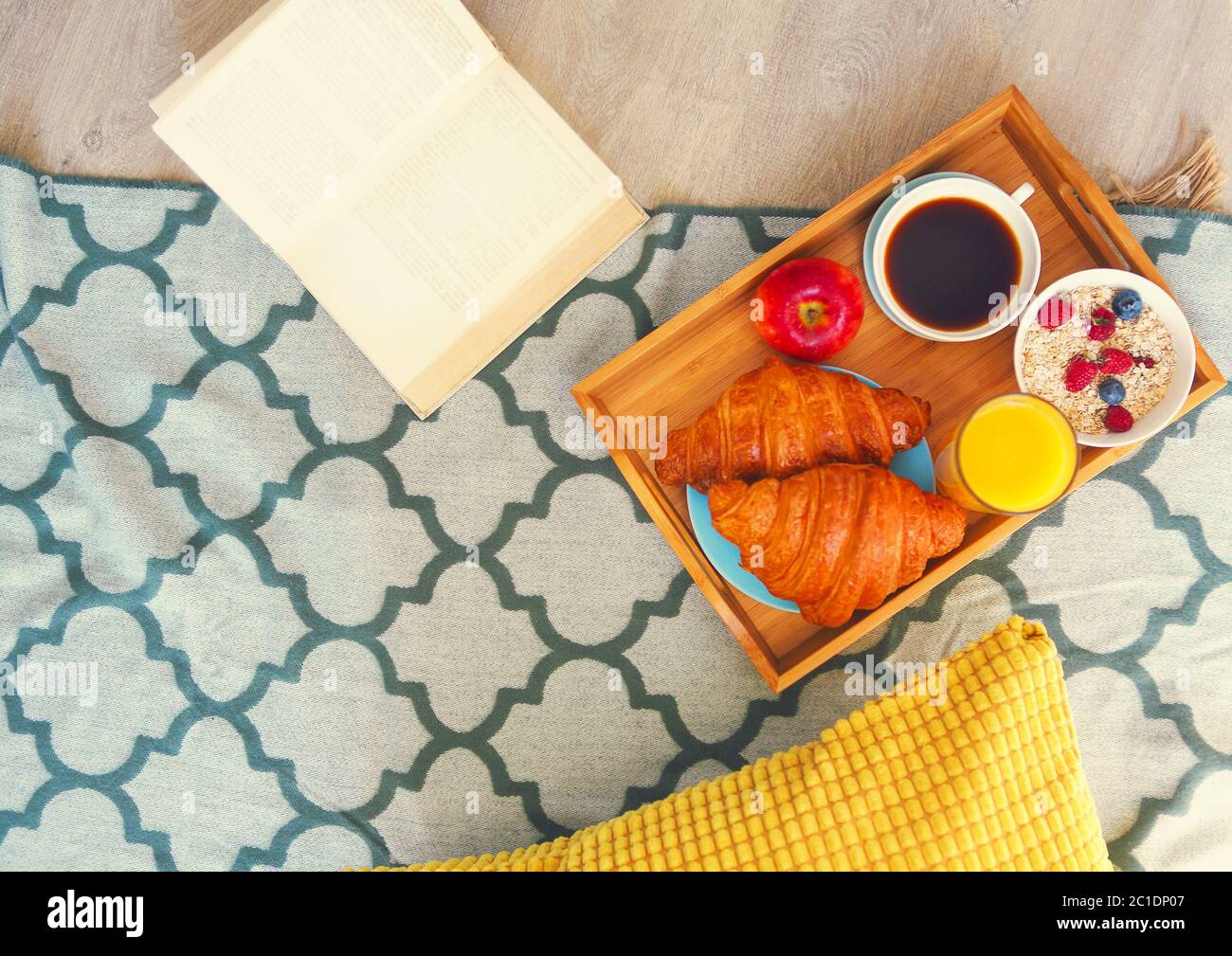 Healthy morning breakfast on tray top view Stock Photo - Alamy