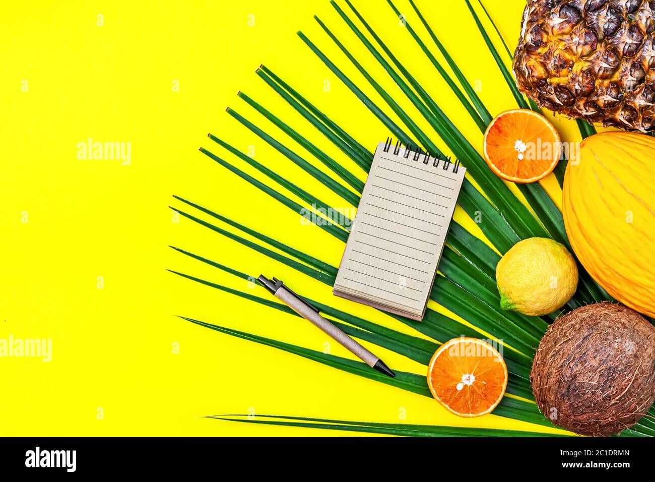 Summer creative tropic fuit layout. Pineapple, lemon, orange, coconut ...