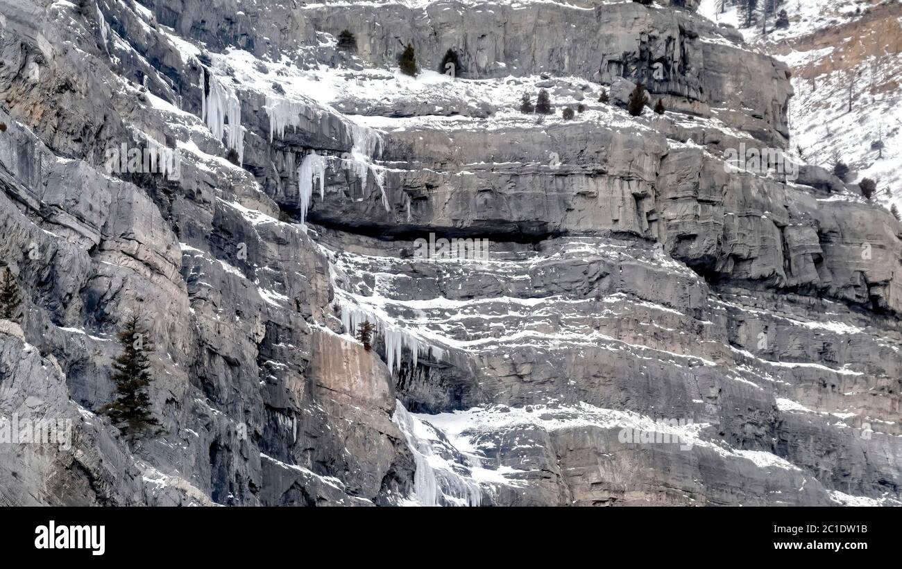 Panorama Bridal Veil Falls in Provo Canyon with snow ice and evergreen ...