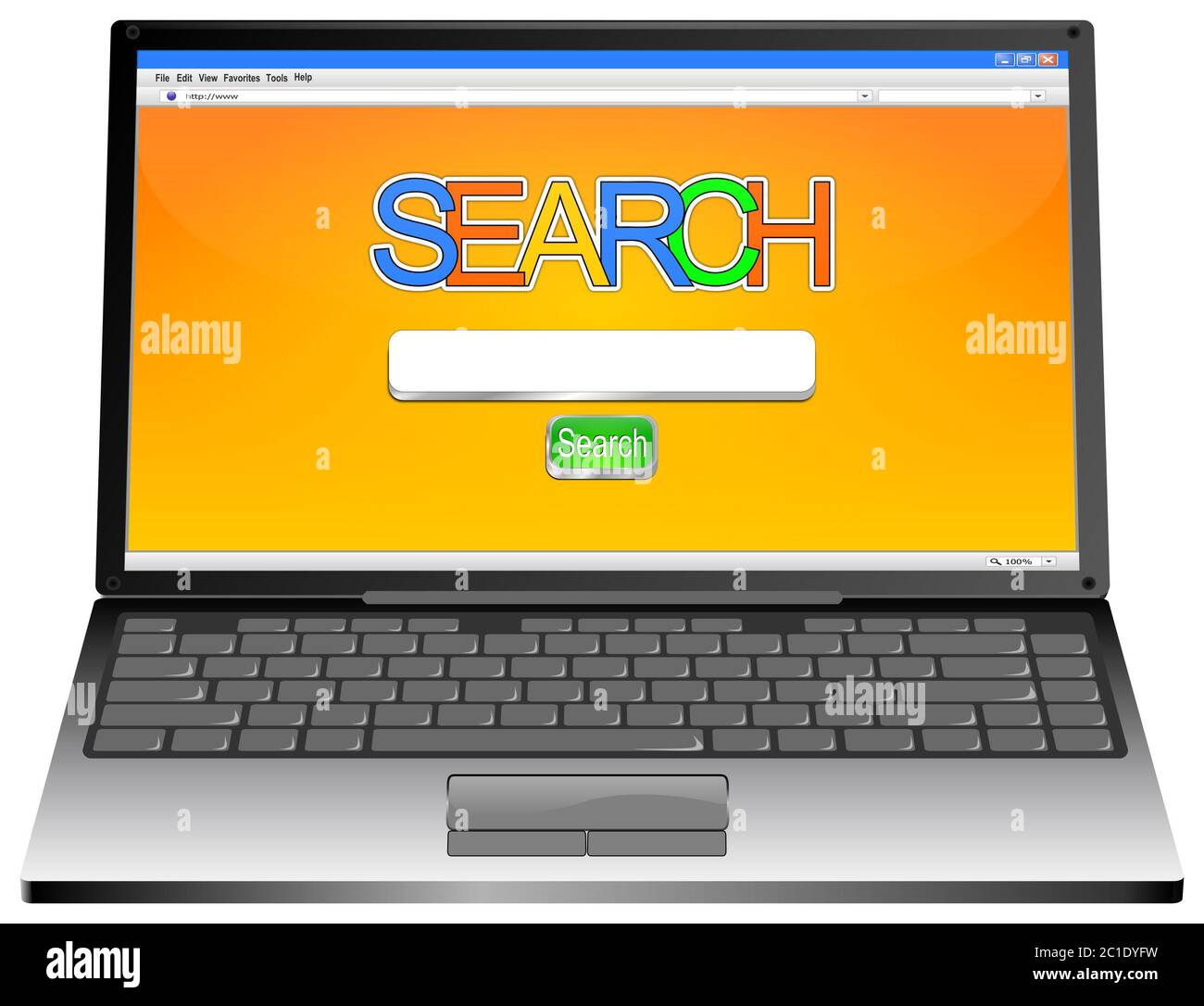 Laptop with green internet web search engine on orange desktop - 3D ...