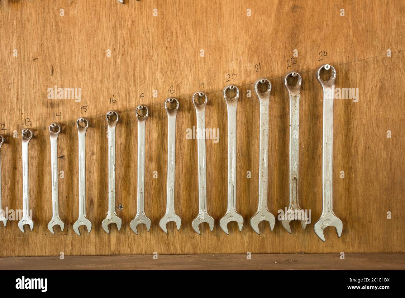 wrench, combine wrench large to small in wall grarage Stock Photo - Alamy