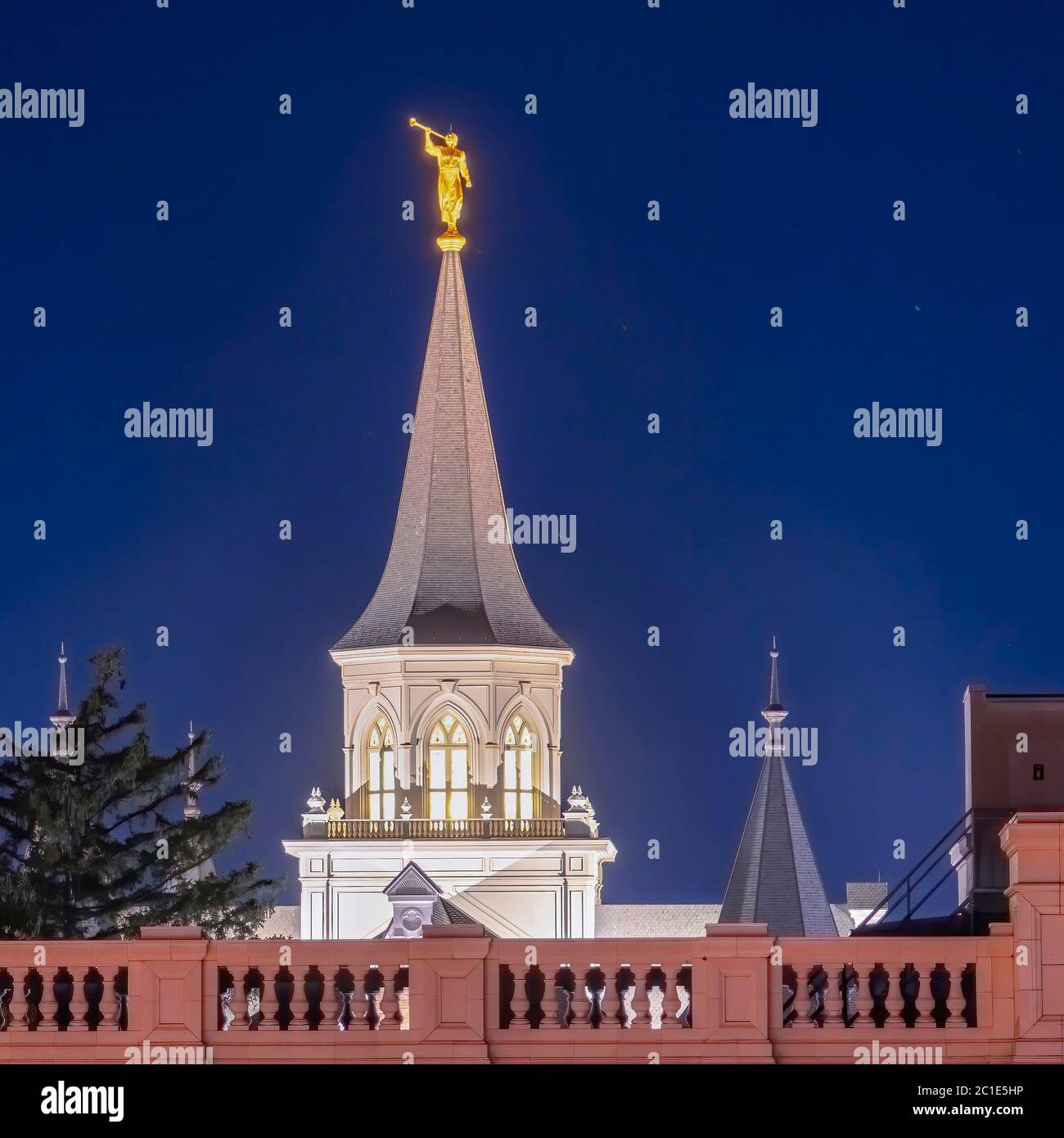 Square Provo City Center Temple with statue of angel and spire against ...