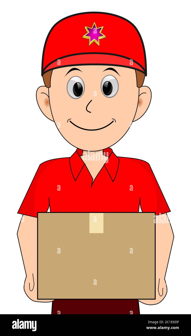 red friendly Courier delivering a parcel - illustration Stock Photo - Alamy