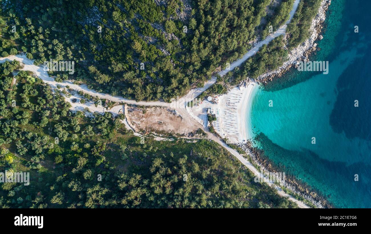 aerial view of Marble beach. The most beautiful white beach in Greece ...