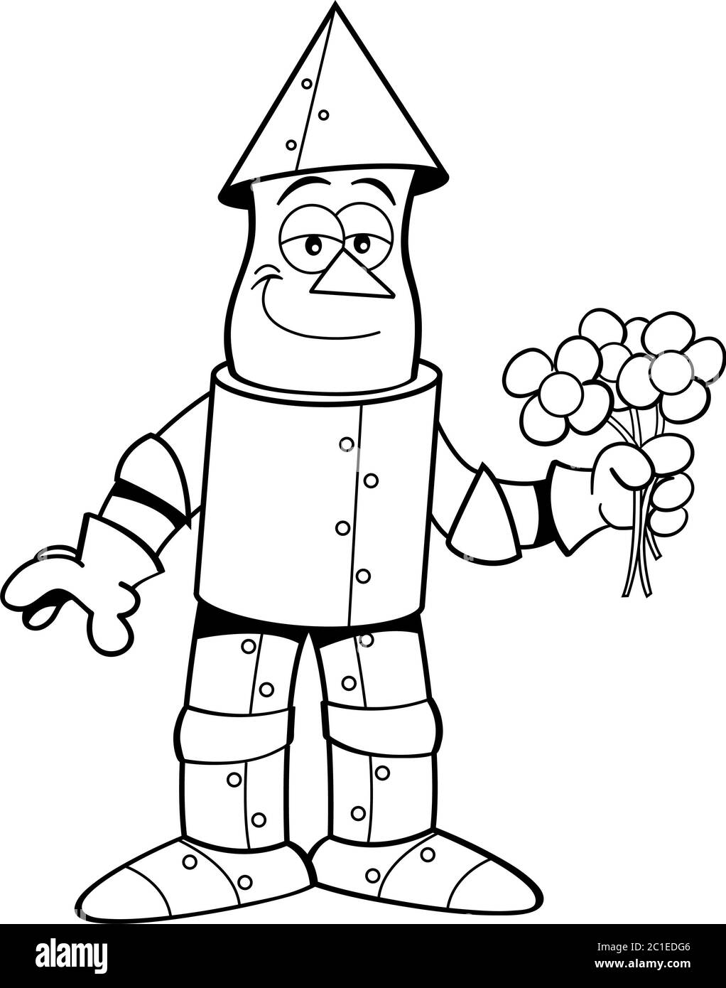 Black and white illustration of a tin man holding flowers Stock Photo ...