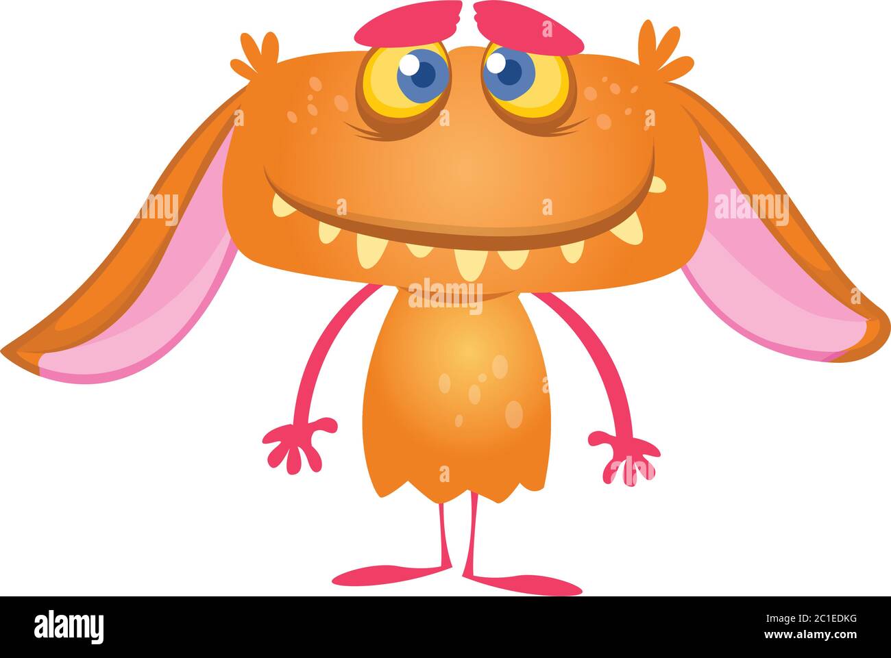 Cute happy cartoon monster with big ears. Vector orange monster ...