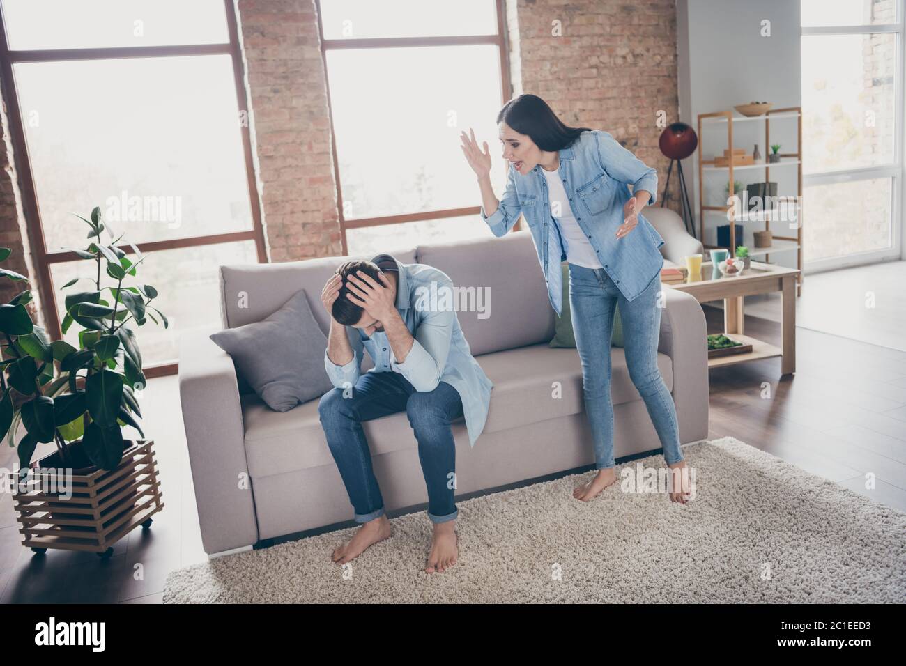 Full length photo of outraged woman shout man did mistake fail feel ...