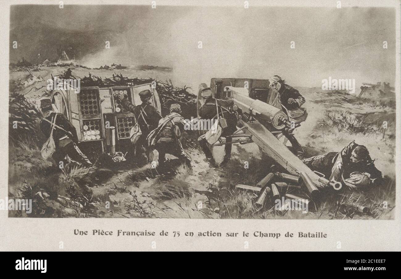 The First World War. A French 75mm gun in action on the battlefield ...