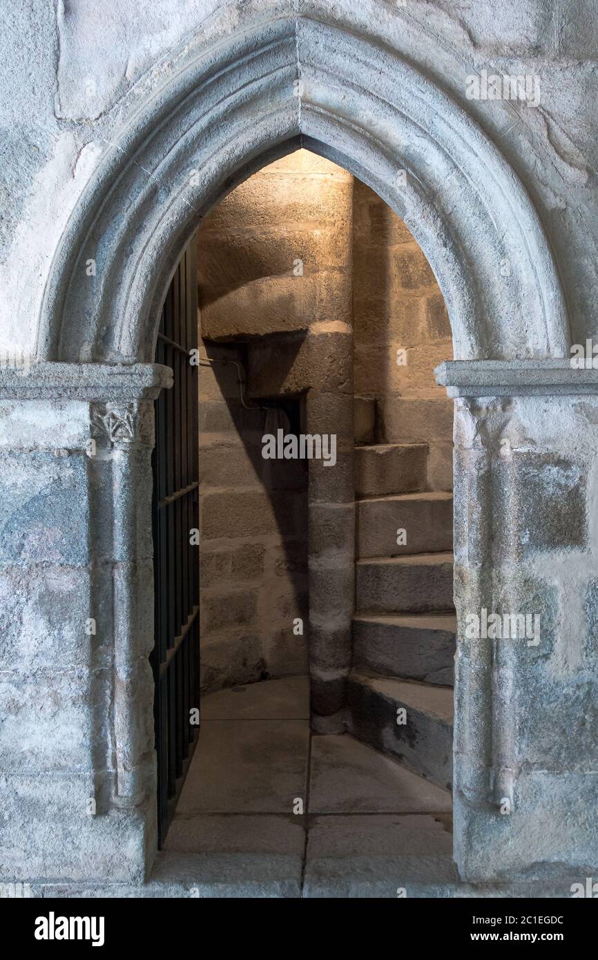Detail of gothic style architecture with stone archway portal door ...