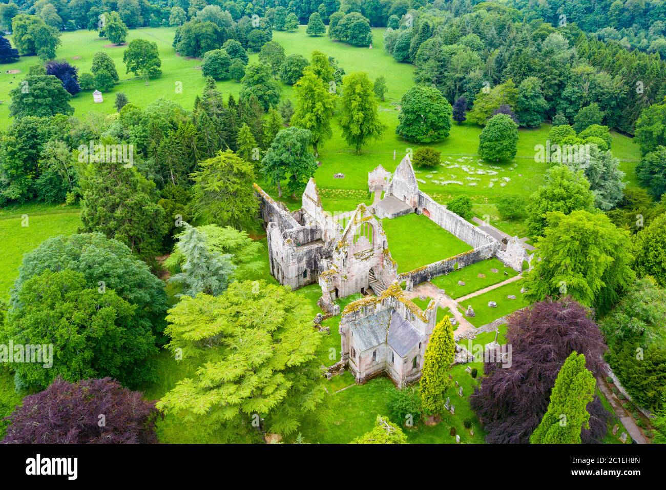 Aerial view of ruin of Dryburgh Abbey in Dryburgh , Scottish Borders ...