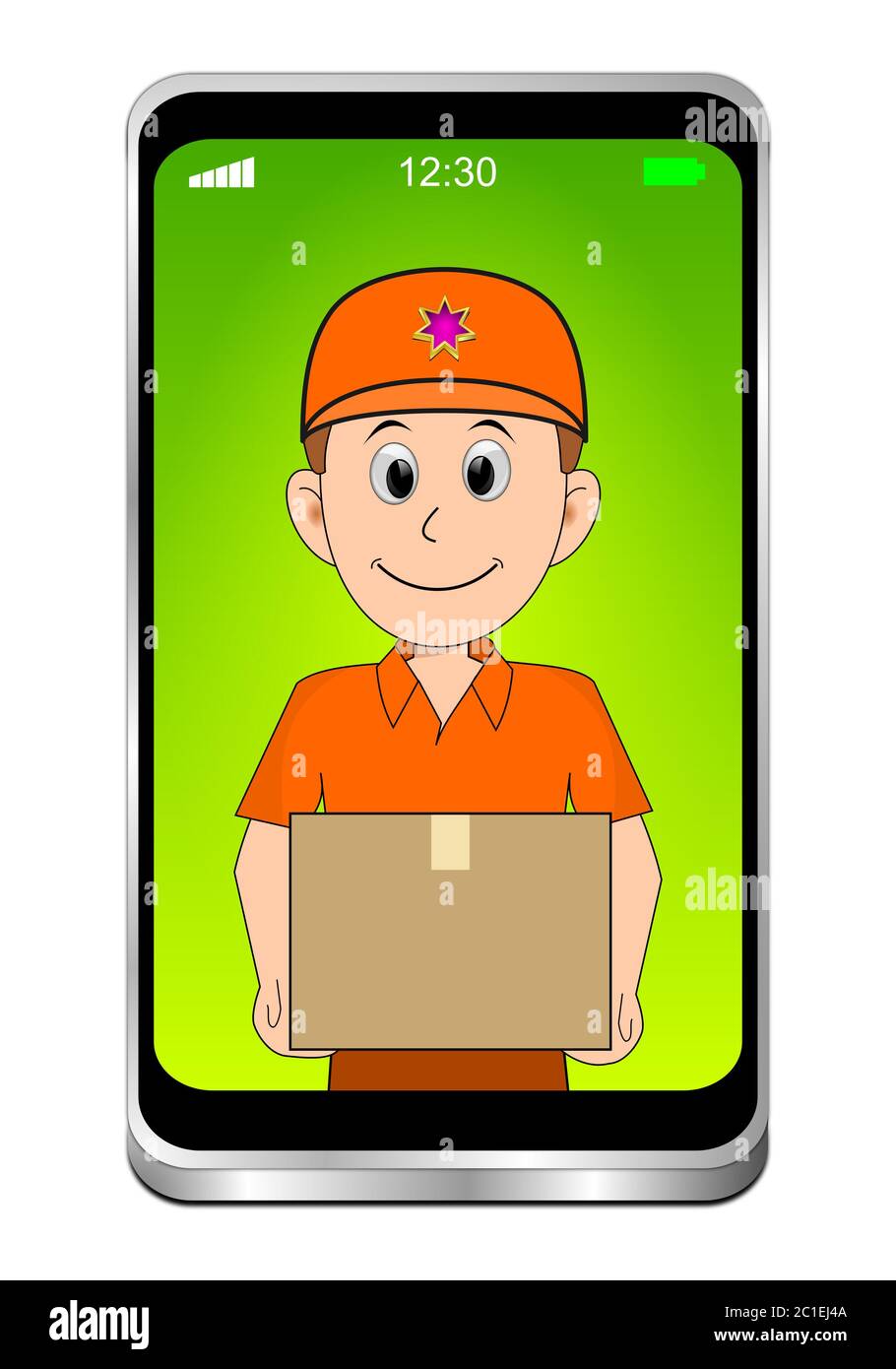 Smartphone with friendly Courier delivering a parcel on green desktop ...