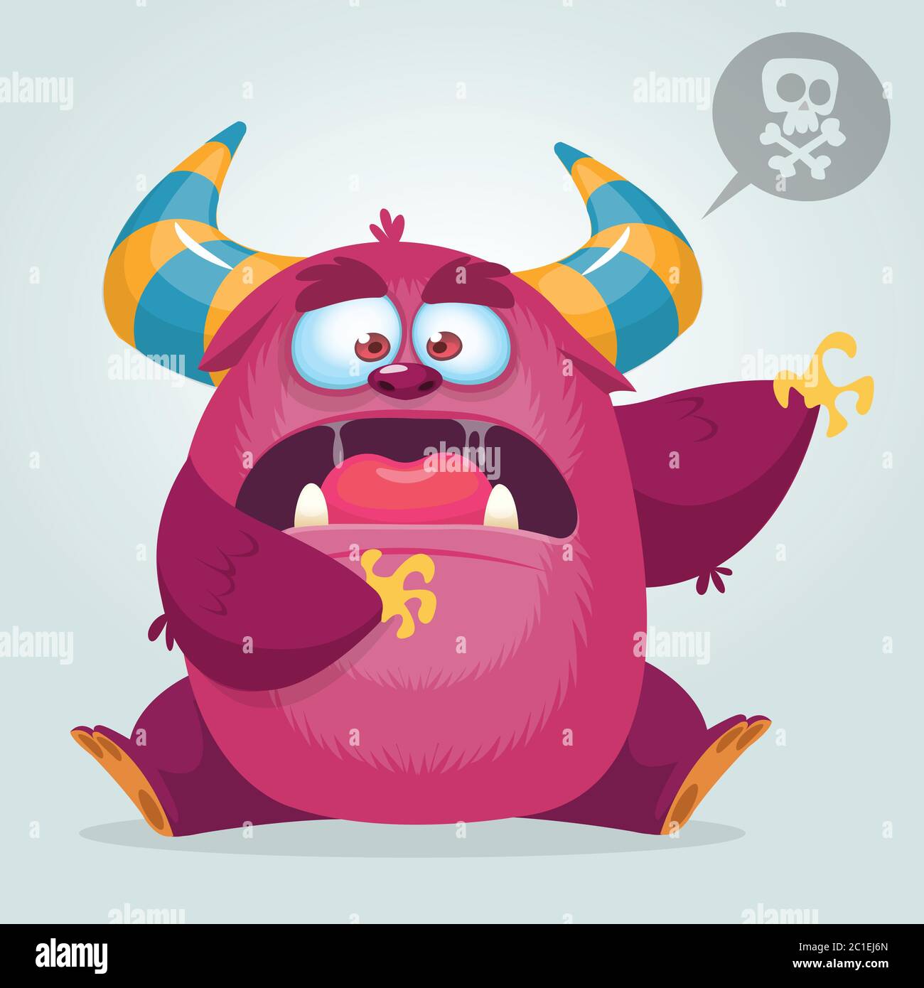Scared cartoon pink monster waving. Vector cute monster mascot ...