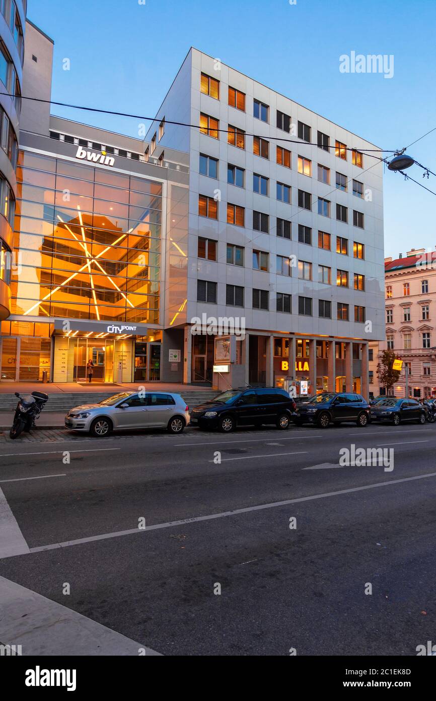vienna, austria - OCT 17, 2019: modern architecture of old town at dusk ...
