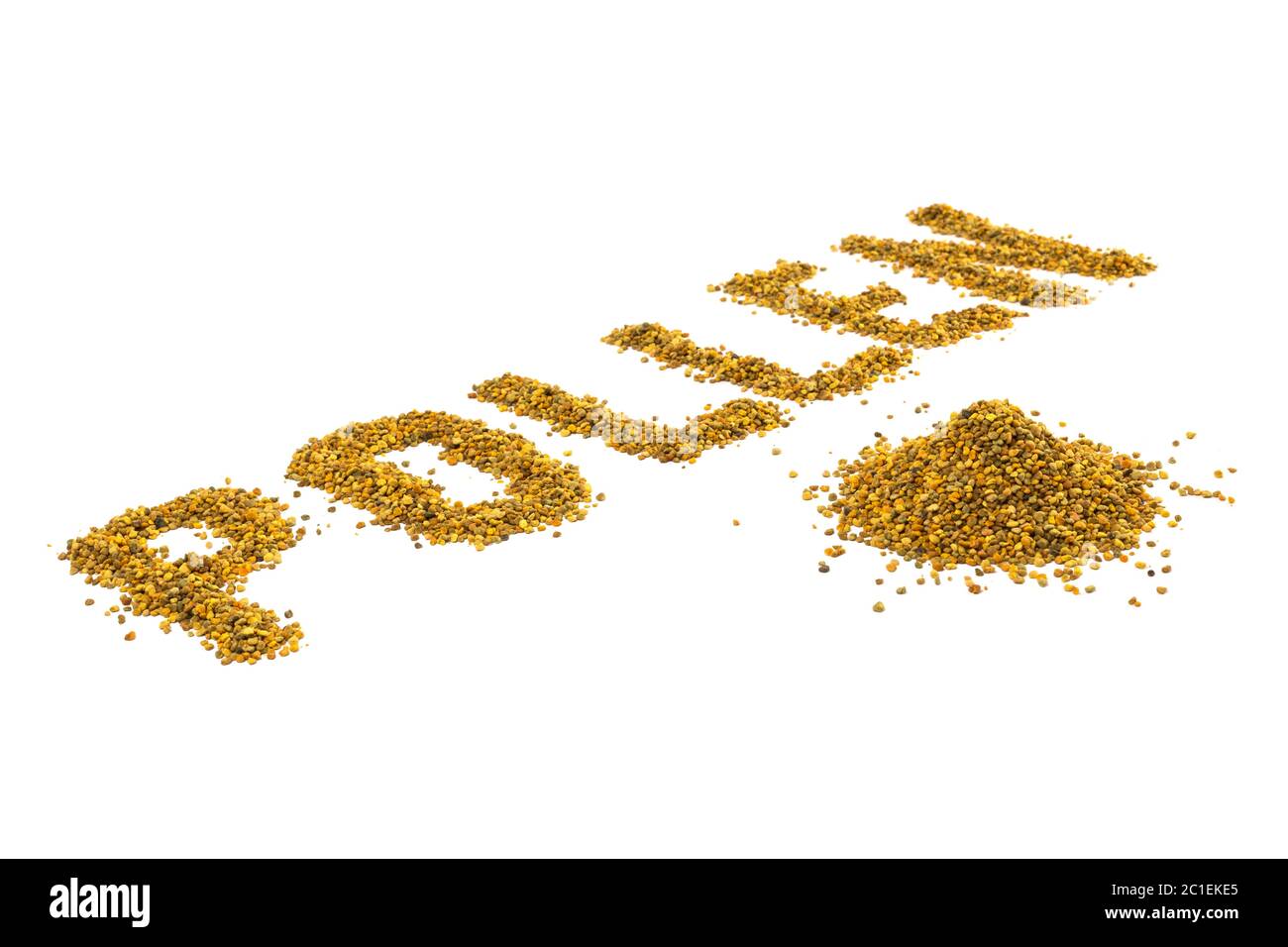 the word pollen laid with yellow pollen grain on white background with ...