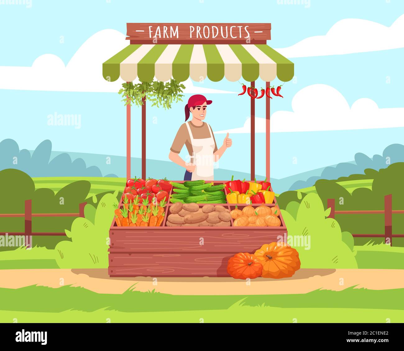 Female farmer sell eco products semi flat vector illustration Stock ...