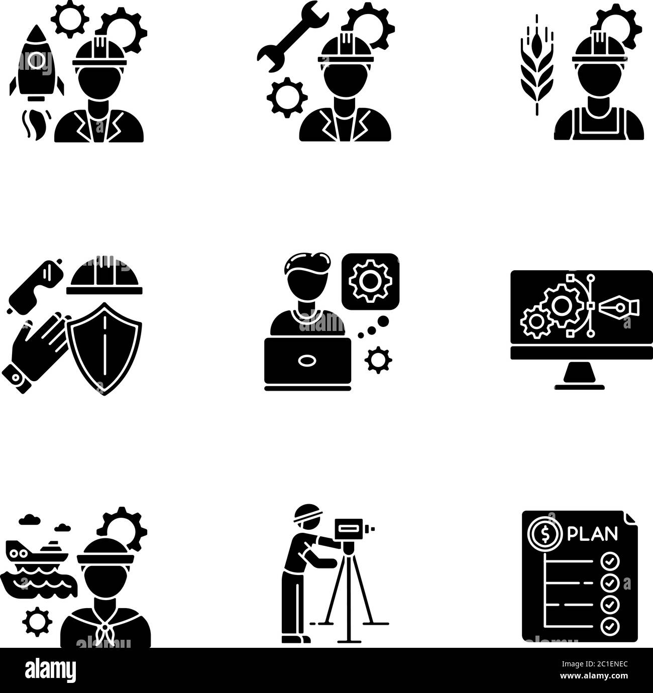 Industrial production worker black glyph icons set on white space Stock ...