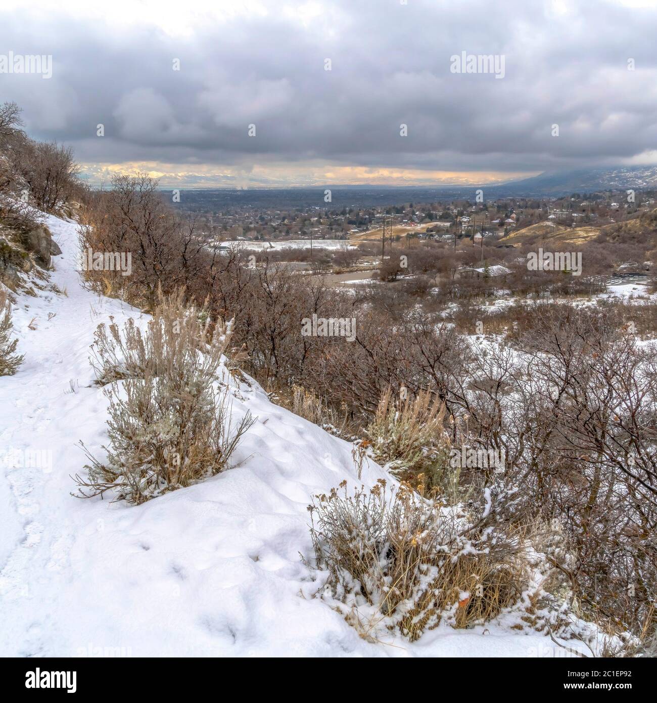 Square Snowy Provo Canyon mountain in winter overlooking the valley and ...