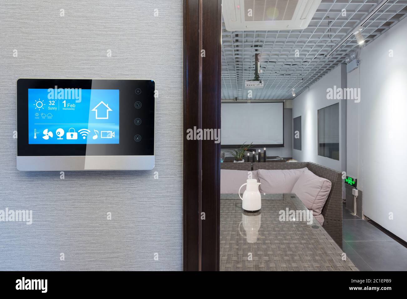 smart screen with smart home apps on wall in modern living room Stock ...