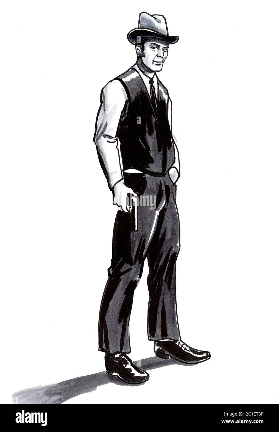 American retro gangster. Ink and watercolor drawing Stock Photo - Alamy