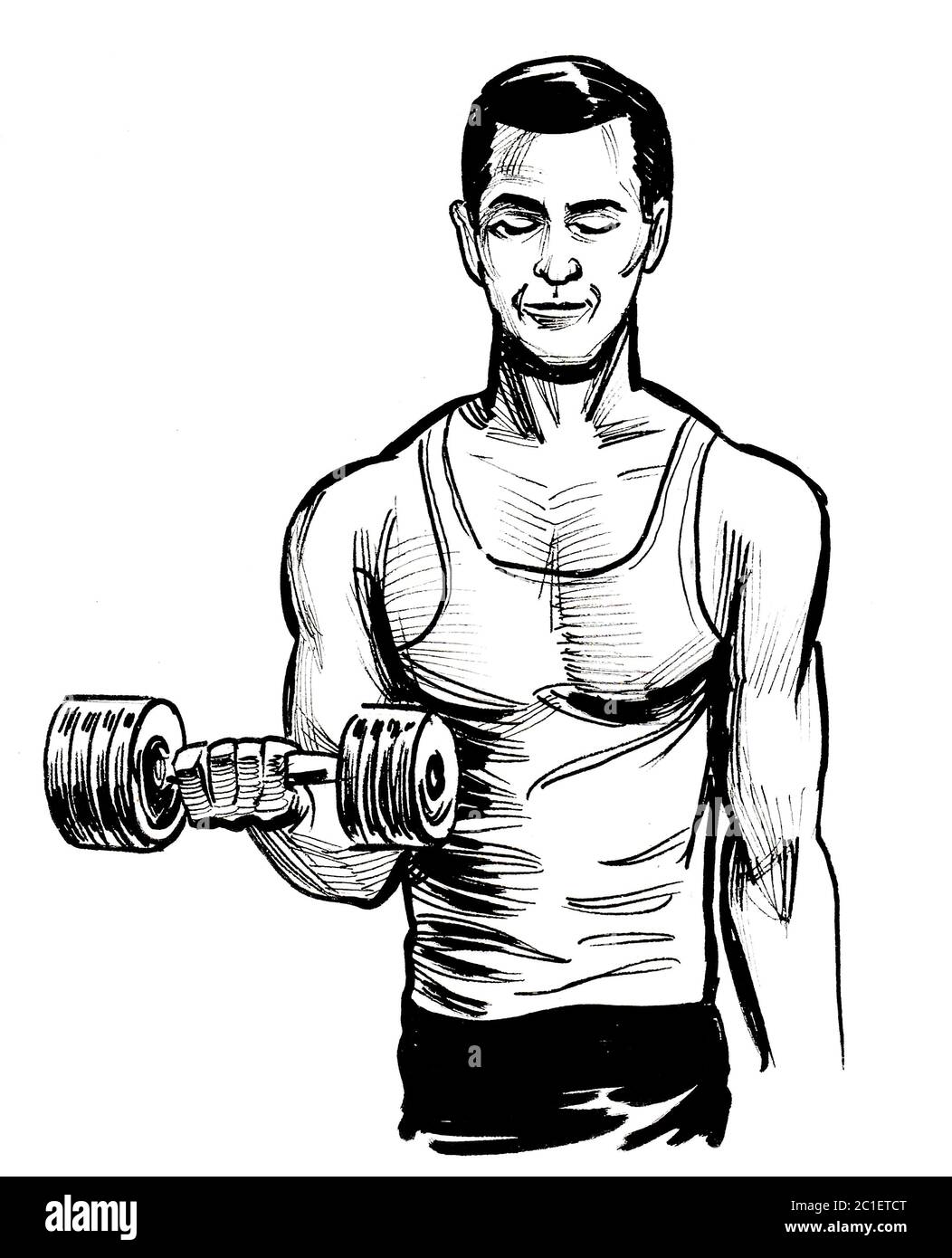 Young muscular man doing weightlifting with dumbbells. Ink black and ...