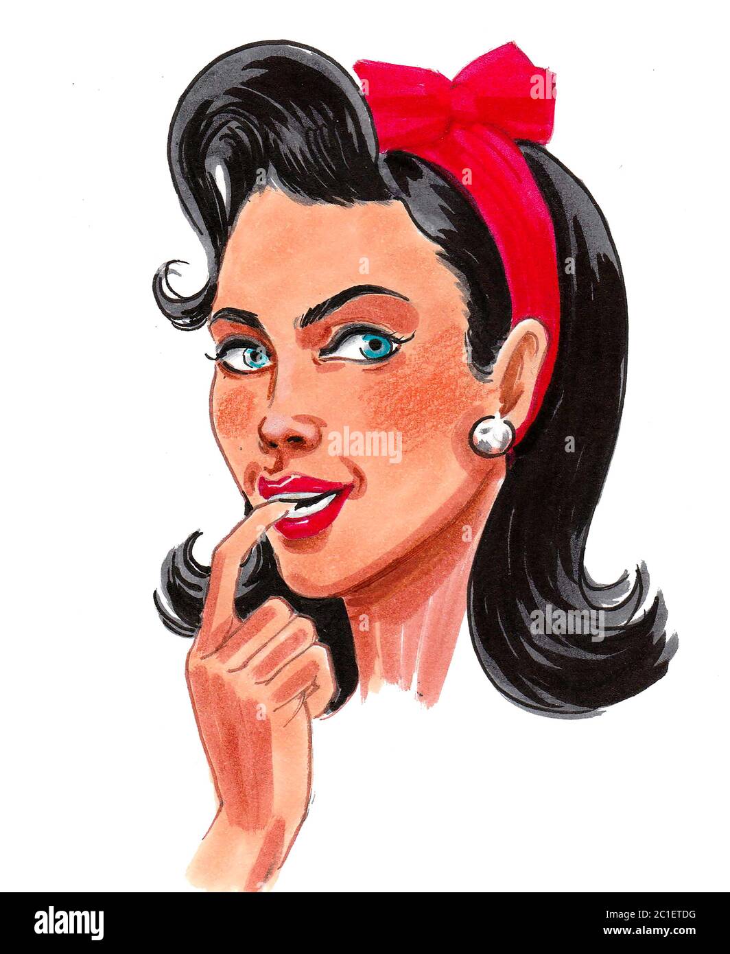 Pretty pin-up styled woman. Ink and watercolor drawing Stock Photo - Alamy