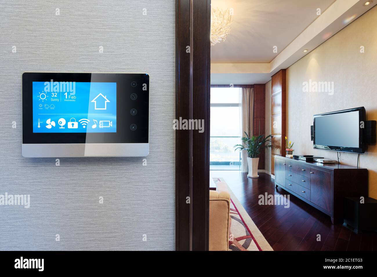 smart screen with smart home apps on wall in modern living room Stock ...