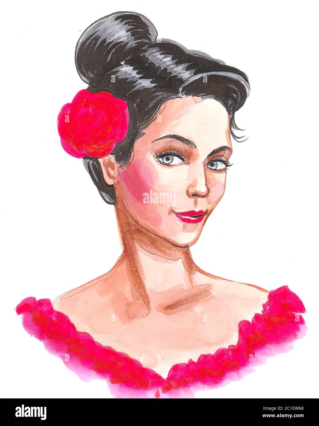 Beautiful Flamenco dancer. Ink and watercolor drawing Stock Photo - Alamy