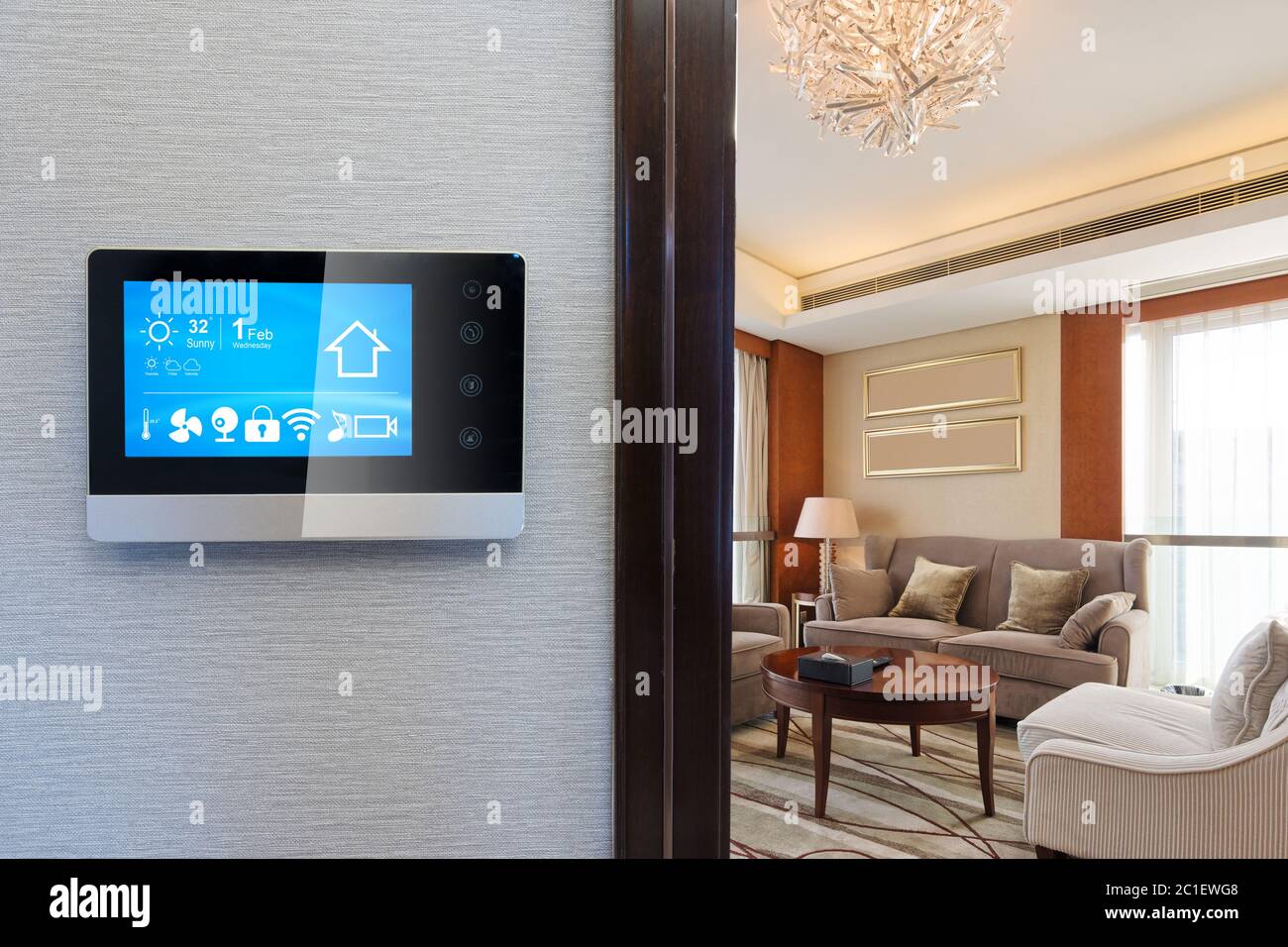 smart screen with smart home apps on wall in modern living room Stock ...